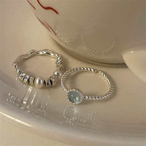 데일리에스 당일출고최저가set💍 미니 워터 블루 오팔 꼬임 진주 실버 스톤 큐빅 웨이브 레이어드 오픈링 프리사이즈 반지 링 모음 세트