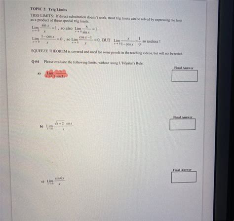 Solved TOPIC Trig Limits TRIG LIMITS If Direct Chegg