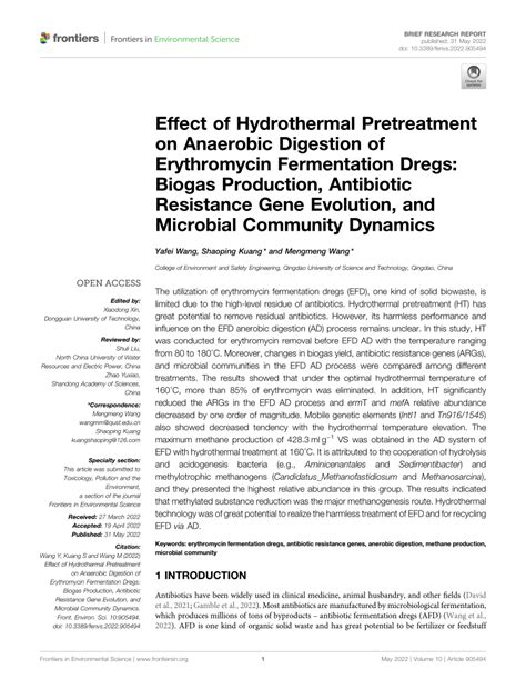 Pdf Effect Of Hydrothermal Pretreatment On Anaerobic Digestion Of Erythromycin Fermentation