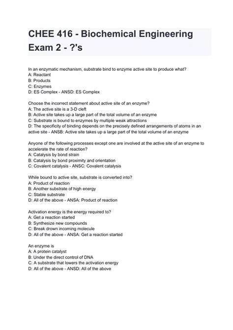 Chee 416 Biochemical Engineering Exam 2 S Questions And Answers A Score Assured 20242025