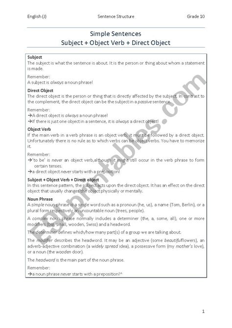 Sentence Pattern Subject Verb Direct Object Esl Worksheet By Gm14ane1