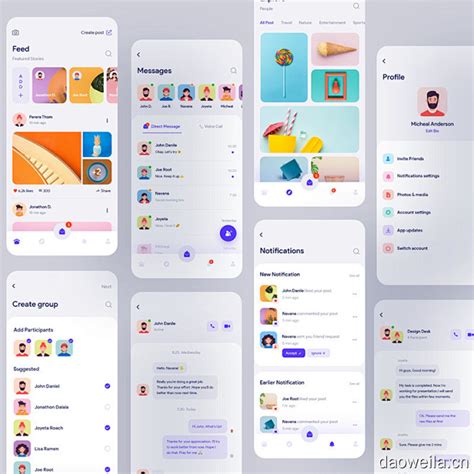 社交媒体网络聊天作品展示应用设计套件 social media network mobile application design