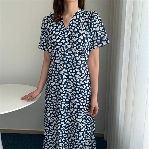 지그재그 1162 여름 플라워 쉬폰 브이넥 A라인 플레어 랩 반팔 맥시 롱 원피스 키큰여자 블랙