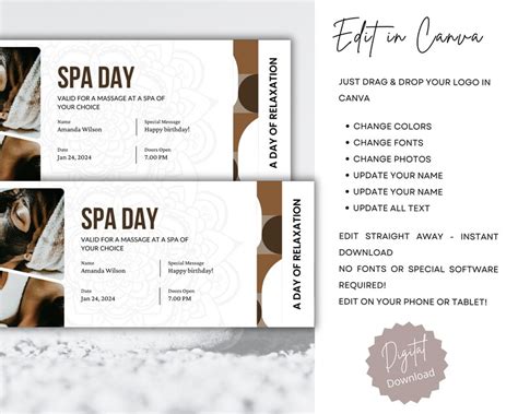 Editable Spa Day Voucher Personalized Massage Coupon Printable T Idea Wellness Coupon T