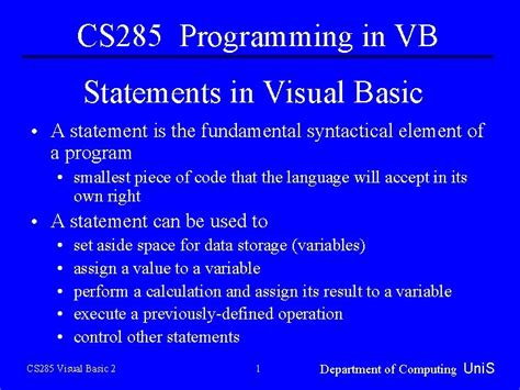 Cs 285 Programming In Vb Statements In Visual