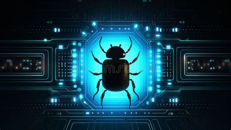 Neon Glowing Computer Bug Perched On Microchip Symbolizing Threat Of Software Bugs Stock Image