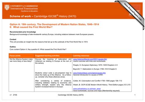 Igcse History Causes Of World War I Scheme Of Work