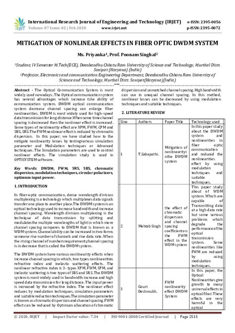 Pdf Irjet Mitigation Of Nonlinear Effects In Fiber Optic Dwdm System