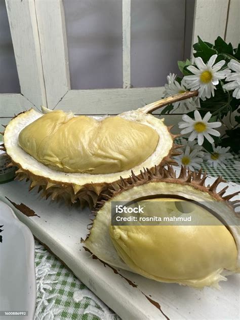 두리안 과일 또는 냄새 나는 과일 과일의 왕 껍질을 벗긴 잘 익은 두리안과 맛있는 두리안은 찹쌀이나 풀루트 두리안과 함께 제공됩니다 0명에 대한 스톡 사진 및 기타 이미지