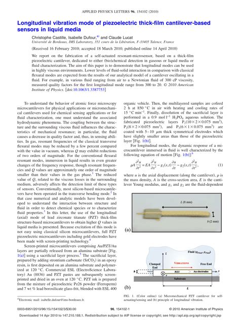Pdf Longitudinal Vibration Mode Of Piezoelectric Thick Film Cantilever Based Sensors In Liquid