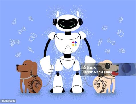 개와 함께 걷는 로봇 인공 지능 기술 안드로이드 도우미 사람들 로봇은 인간을 대체할 것입니다 미래 지향적인 서비스 가사 집안일에 대한 스톡 벡터 아트 및 기타 이미지