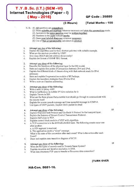 University Of Mumbai T Y B Sc It Sem Vi Internet Technologies Paper I Old Question Papers