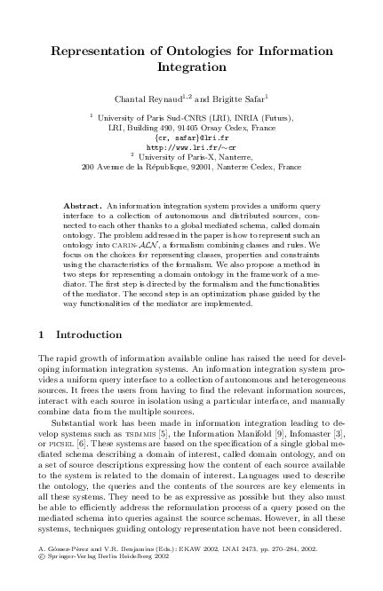 Pdf Representation Of Ontologies For Information Integration