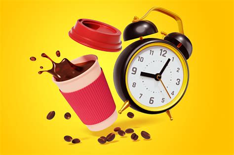 밝은 색상 배경에 커피 컵과 커피 콩 복고풍 검은 알람 시계의 3d 그림 0명에 대한 스톡 사진 및 기타 이미지 0명 3차원 형태 금속 Istock