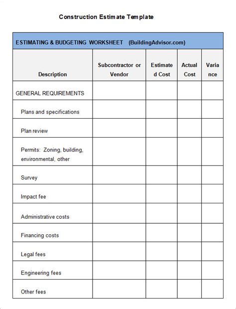 Excel Construction Estimating Template