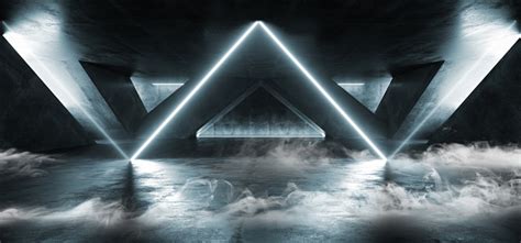 연기 삼각형 레이저 형광 복고풍 공상 과학 소설 미래 네온 빛나는 파란 사이버 빛 난 빛 어두운 빈 무대 쇼 지 하 차고 룸 홀 터널 복도 나 콘크리트 3d 렌더링 0명에