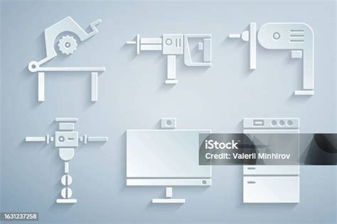 목공 아이콘을 위해 컴퓨터 모니터 전기 드릴 머신 건설 착암기 냉장고 로터리 및 테이블 톱을 설정하십시오 벡터 3차원 형태에 대한 스톡 벡터 아트 및 기타 이미지 Istock