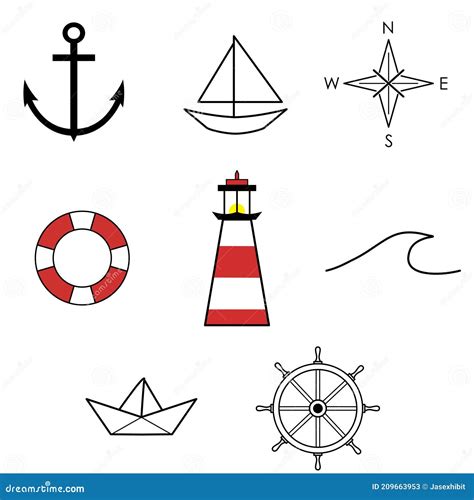 Flat Nautical Sea Illustrations Vector Set Stock Image Illustration