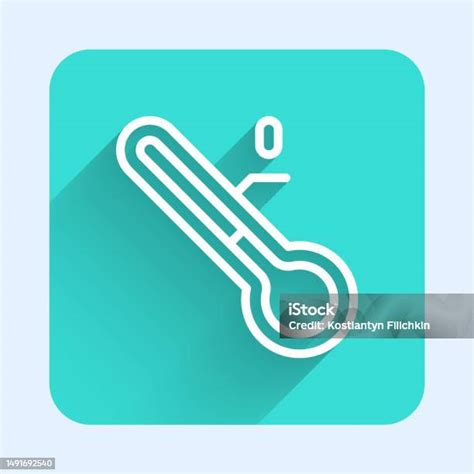 긴 그림자로 격리 된 화이트 라인 기상 온도계 측정 아이콘 온도계 장비는 덥거나 추운 날씨를 표시합니다 녹색 정사각형 버튼입니다 벡터 0명에 대한 스톡 벡터 아트 및 기타