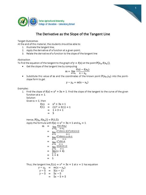 The Derivative As The Slope Of The Tangent Line Pdf Tangent Slope