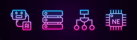 인공 지능 로봇 서버 데이터 알고리즘 및 프로세서 Cpu를 설정합니다 빛나는 네온 아이콘입니다 벡터 가공의 인물에 대한 스톡