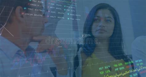 Image Of Stock Market Data Processing Against Diverse Man And Woman Discussing At Office Stock