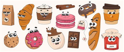 만화 그루비 음식과 음료 캐릭터의 큰 컬렉션 귀여운 복고풍 디저트 세트 도넛 초콜릿 커피 크루아상 쿠키 마카롱 바게트 잼 70 년대 80 년대 스타일의 스티커 1960