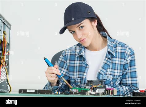 Female Technician Repairing The Pc Parts Stock Photo Alamy