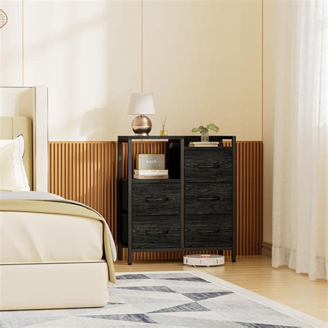 Ebern Designs 5 Drawer Black Dressers For Bedroom 2 Tier Shelf Storage