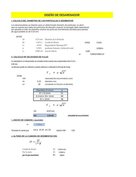 Hoja De Calculo De Desarenador Apuntes De Ingenieria Civil Udocz