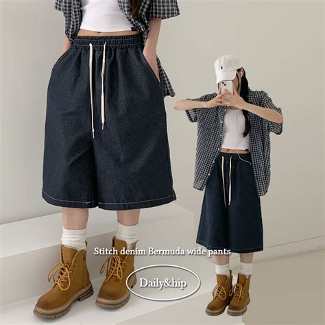 키키러브 무릎덮는힙한버뮤다핏🖤 허리밴딩 라이카 스티치 데님 버뮤다 팬츠 5부 6부 반바지 여름팬츠 여름바지 3color