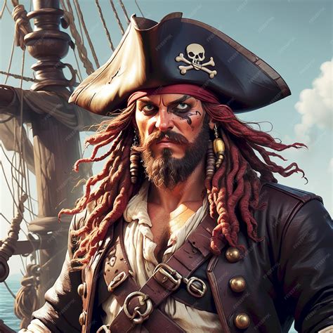 A Pirate Man In A Pirate Costume Stands In Front Of A Ship Premium Ai