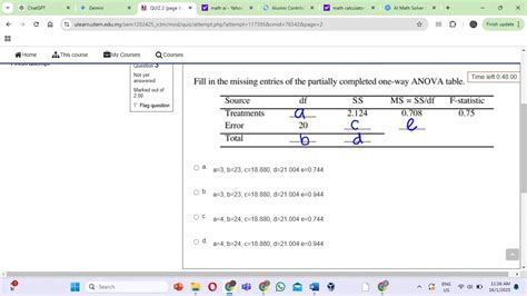 fill in the missing entries of the partially completed one way anova table source df ss ms ss