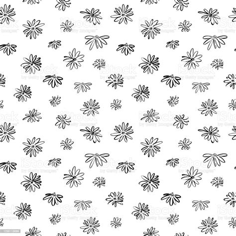 브러시 꽃 벡터 원활한 패턴 플로럴 모티프가 돋보된 손으로 그린 식물 잉크 일러스트 브러쉬로 그린 카모마일 또는 데이지 0명에 대한 스톡 벡터 아트 및 기타 이미지 Istock