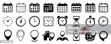 날짜 시간 및 주소 아이콘 세트 웹 아이콘 캘린더 시계 스톱워치 타이머 위치 핀 표지판 0명에 대한 스톡 벡터 아트 및 기타