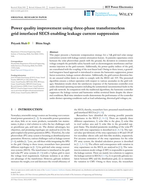 Pdf Power Quality Improvement Using Three‐phase Transformerless Grid Interfaced Secs Enabling