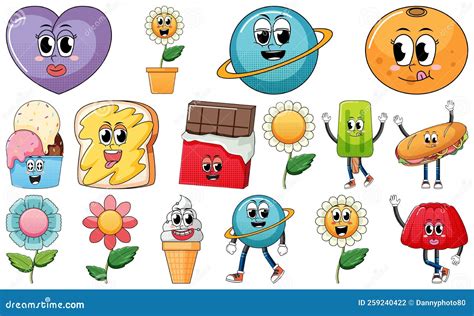Set Of Objects And Foods Cartoon Characters Stock Vector Illustration