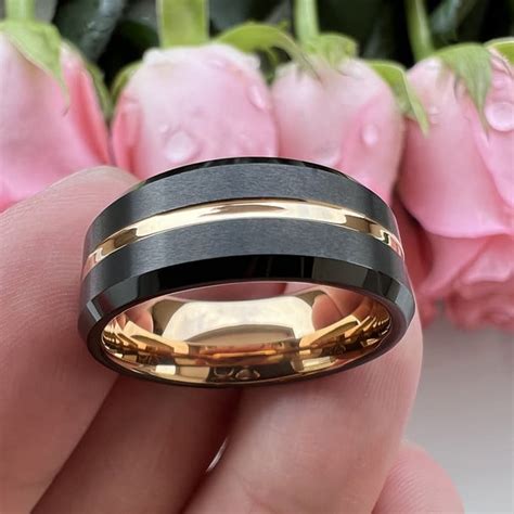8 Mm 18 Kt Rose Gold In Black Tungsten Wedding Band Rosey Tungsten