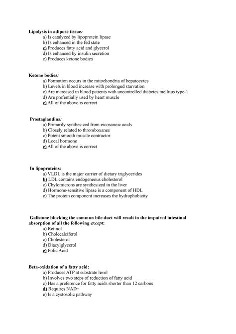 Lipid Metabolism Mcq Lipolysis In Adipose Tissue A Is Catalyzed By Lipoprotein Lipase B