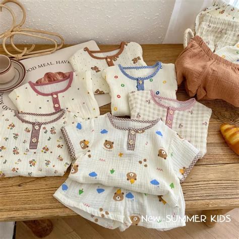 2023 여름 아동복 세트 만화 곰 꽃 인쇄 반바지 정장 반팔 유아 소년 라운지웨어 Aliexpress