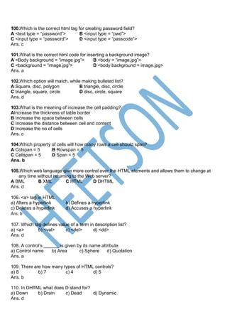 HTML MCQ Objective Questions And Answers PDF Web Design And HTML Internet