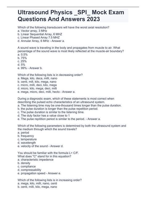 Ultrasound Physics SPI Mock Exam Questions And Answers 2023 SPI Stuvia US