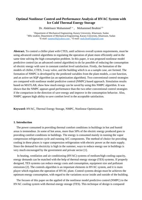 Pdf Optimal Nonlinear Control And Performance Analysis Of Hvac System With Ice Cold Thermal