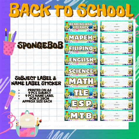 Lucsmart Fast Shipping New Design Spongebob Themed Subject And Name Label Sticker For