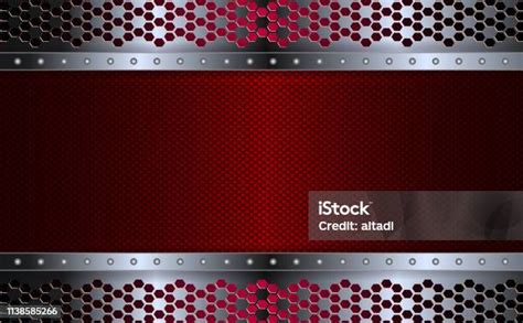 가장자리와 리벳이 있는 메탈 릭 유광 프레임의 기하학적 추상적인 텍스처 레드 디자인 0명에 대한 스톡 벡터 아트 및 기타 이미지