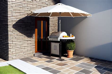 Patio With Barbecue Grill Side Table And Umbrella For Sunny Days Stock