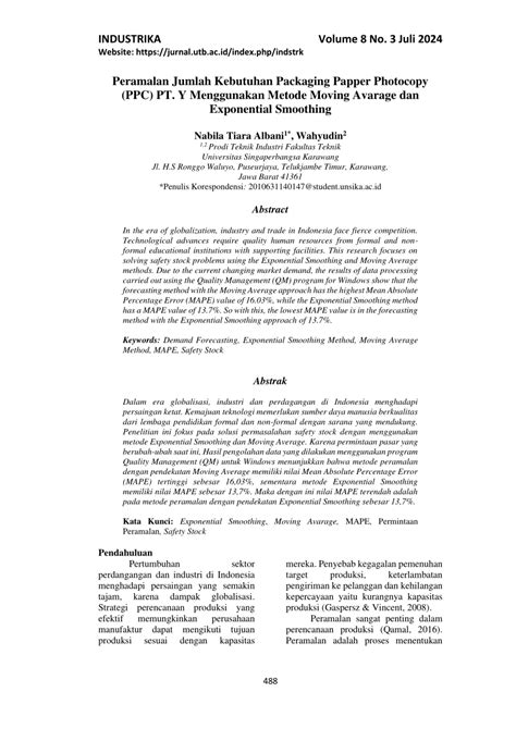 Pdf Peramalan Jumlah Kebutuhan Packaging Papper Photocopy Ppc Pt Y Menggunakan Metode