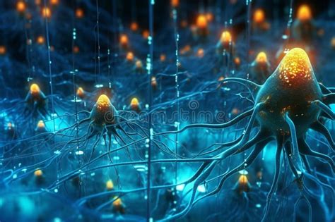 Neural Network Made Of Neurons With Connected Bioluminescent Elements Featuring A Close Up