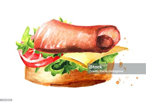 전채 햄 샌드위치와 토마토 치즈 흰색 배경에 격리 된 수채화 손으로 그린 그림 샌드위치 음식에 대한 스톡 벡터 아트 및 기타 이미지 샌드위치 음식 수채화