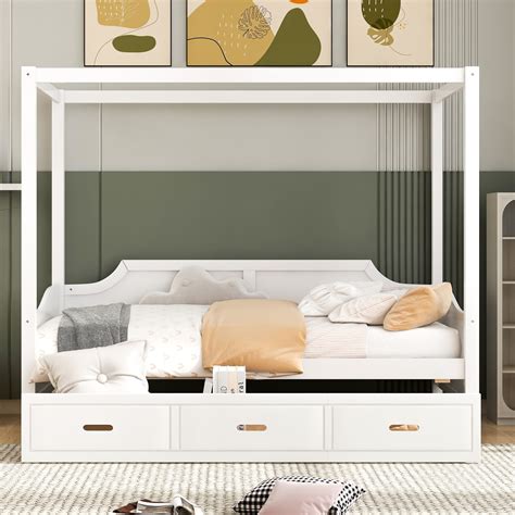 Twin Size Wooden Canopy Bed Daybed With 3 In 1 Storage Drawers3